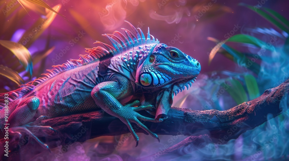 Vibrant hues: iguana illuminated in neon color, showcasing striking and ...