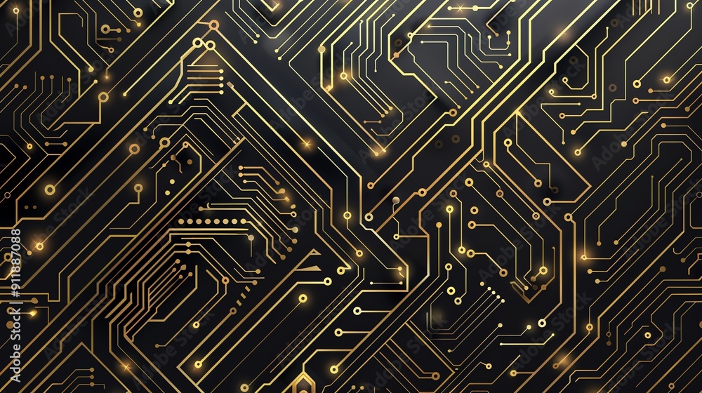 Gold circuit board technology background with glowing nodes. Stock ...