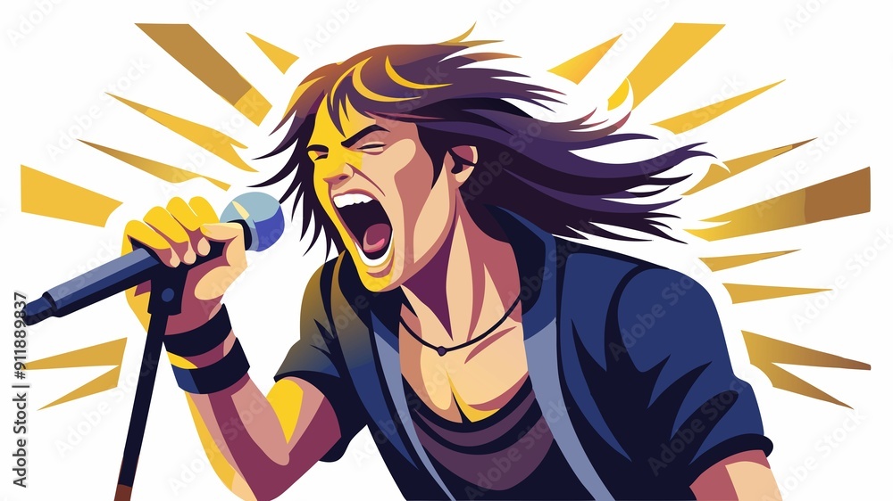 This image depicts a rock singer lost in the moment of performance. It ...