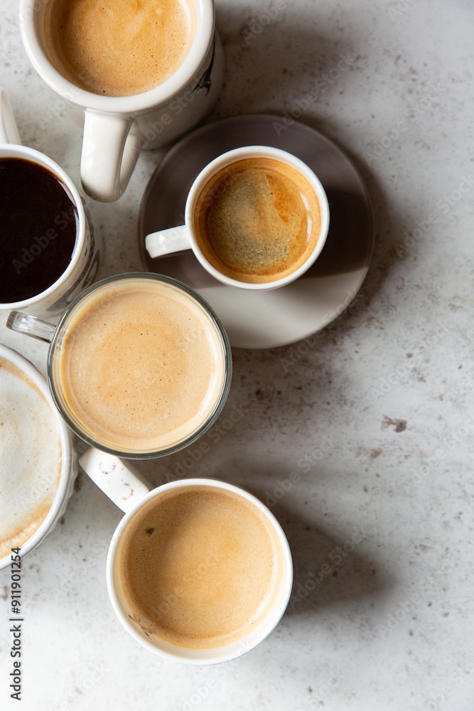 Overhead image of six cups of coffee Stock Photo | Adobe Stock