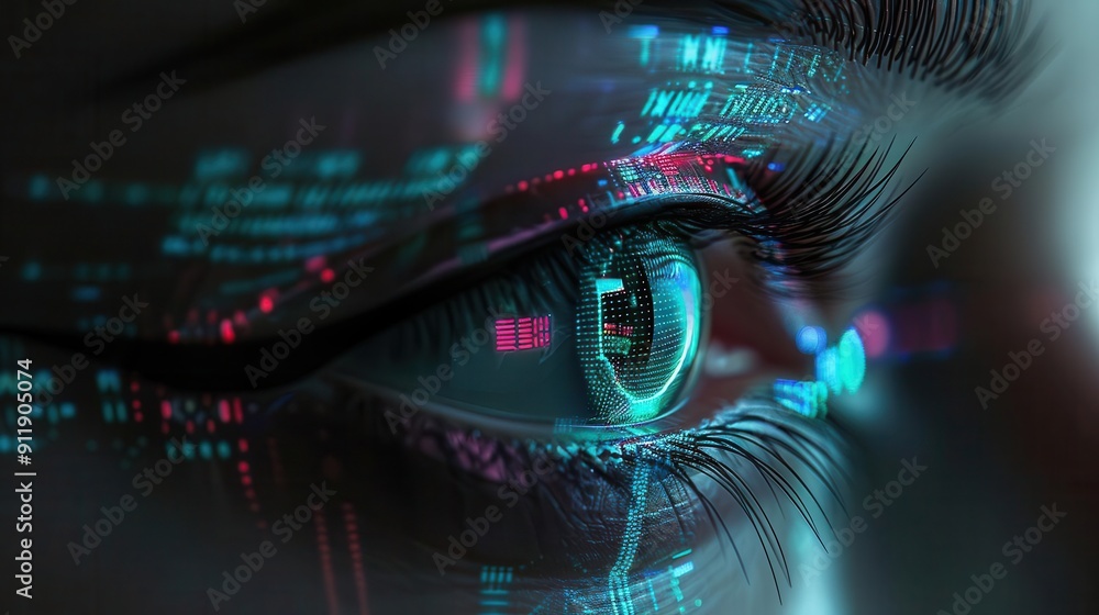 Iridescent cyber eyes in futuristic setting, side view, emphasizing ...