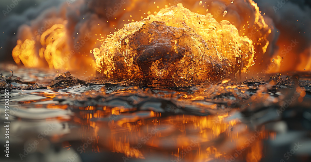 Oil well blowout, pipe gushing, eruption, showing the texture and ...