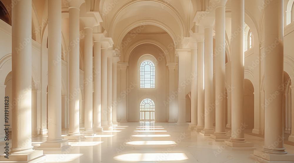 A minimalist interior design with a cream color palette, featuring tall ...