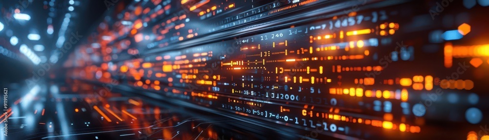 Coding syntax highlighted on futuristic screens, side view, depicting complex algorithms ...
