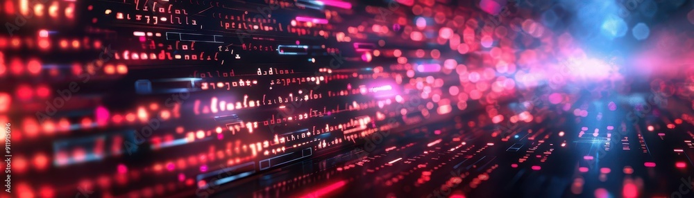 Coding syntax highlighted on futuristic screens, side view, depicting complex algorithms ...