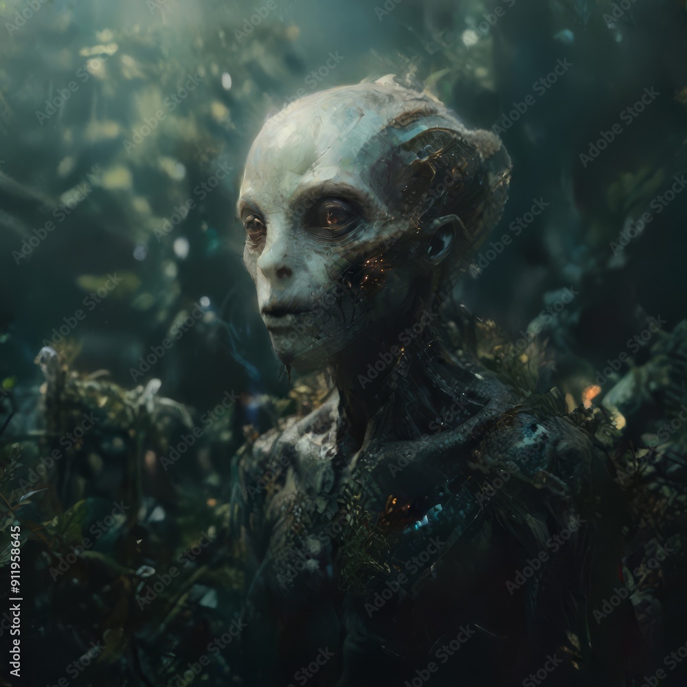 A shimmering ethereal alien, its translucent skin glows with an ...