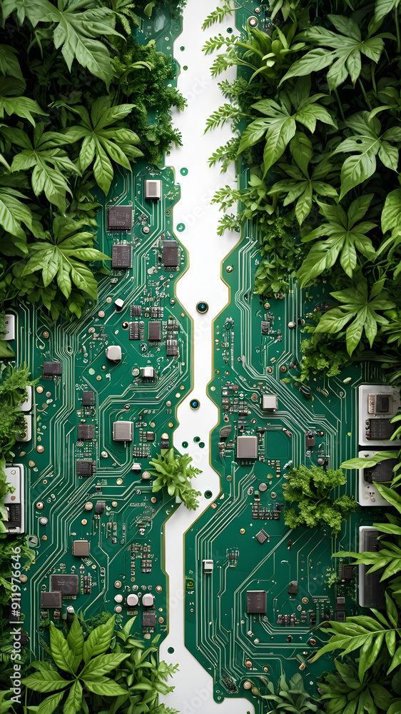 forest Two electronic circuit boards with trees growing green leaves on ...
