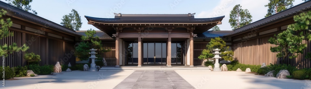 Japanese Shinto architecture, simplicity and harmony, focus on ...