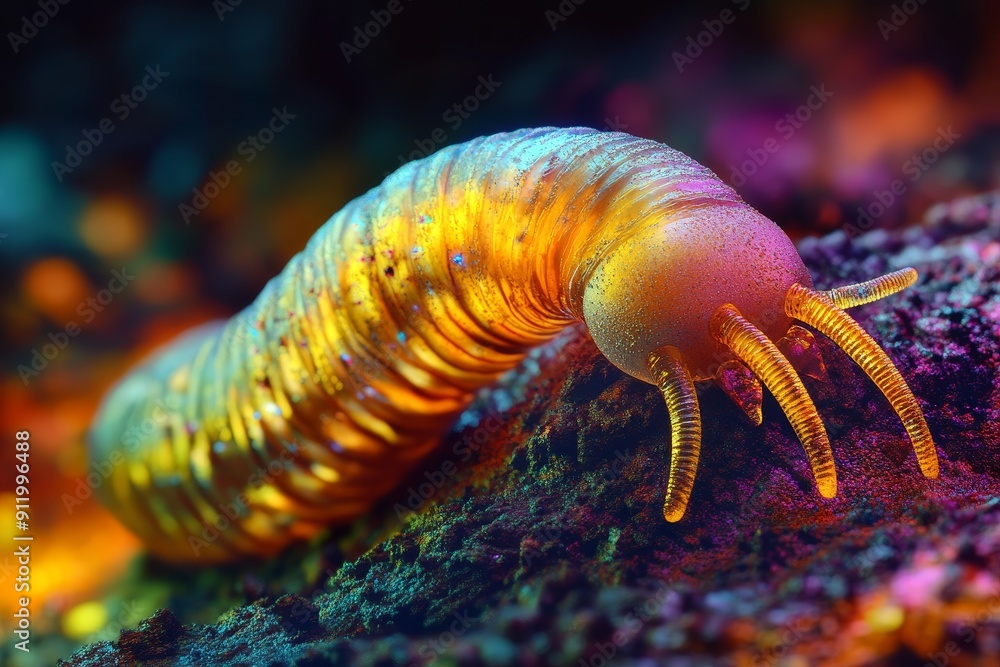 Detailed view of an alien nematode worm, burrowing through a colorful ...
