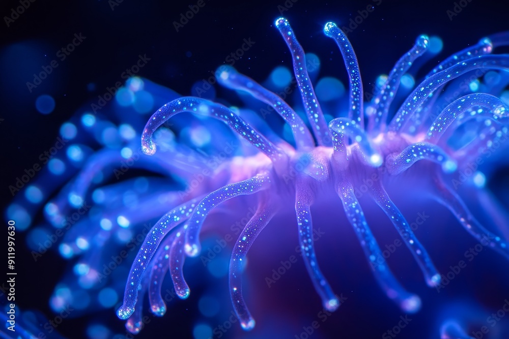 Macro shot of an alien anemone with bioluminescent tentacles, reacting ...