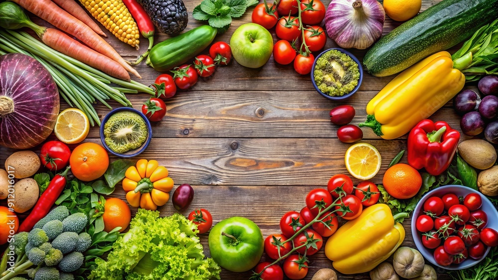 Healthy eating concept featuring a colorful array of fruits and vegetables symbolizing a well ...