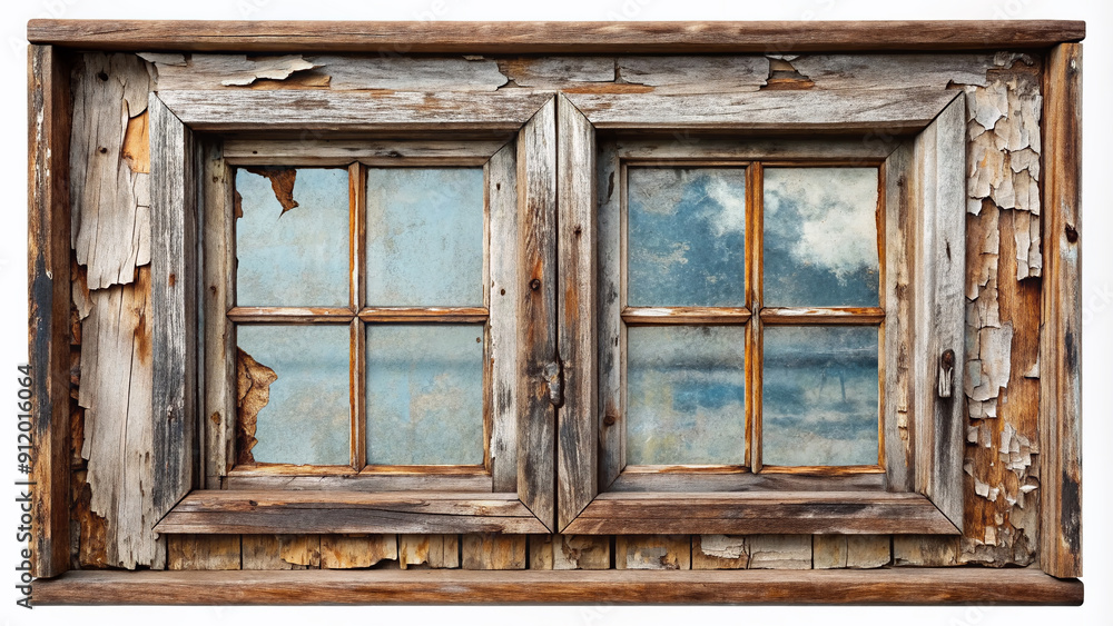Aged, worn, and weathered wooden window with cracked panes and peeling ...