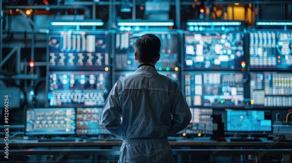 Engineer Monitoring High-Tech Control Room with Multiple Screens and Advanced Technology Systems ...