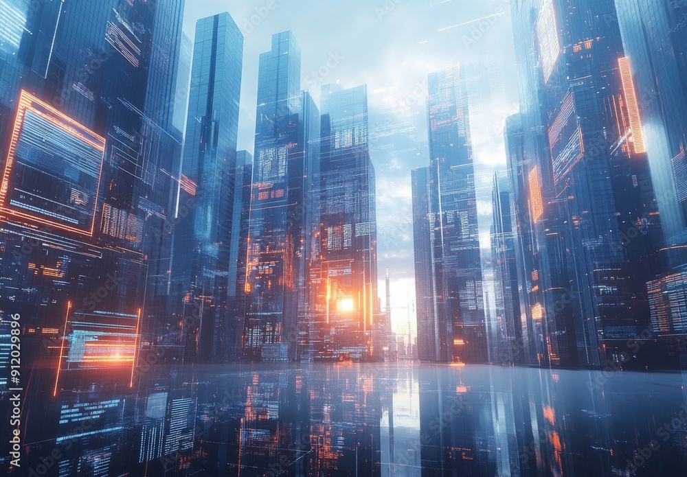 A high tech urban environment with streamlined skyscrapers, transparent ...
