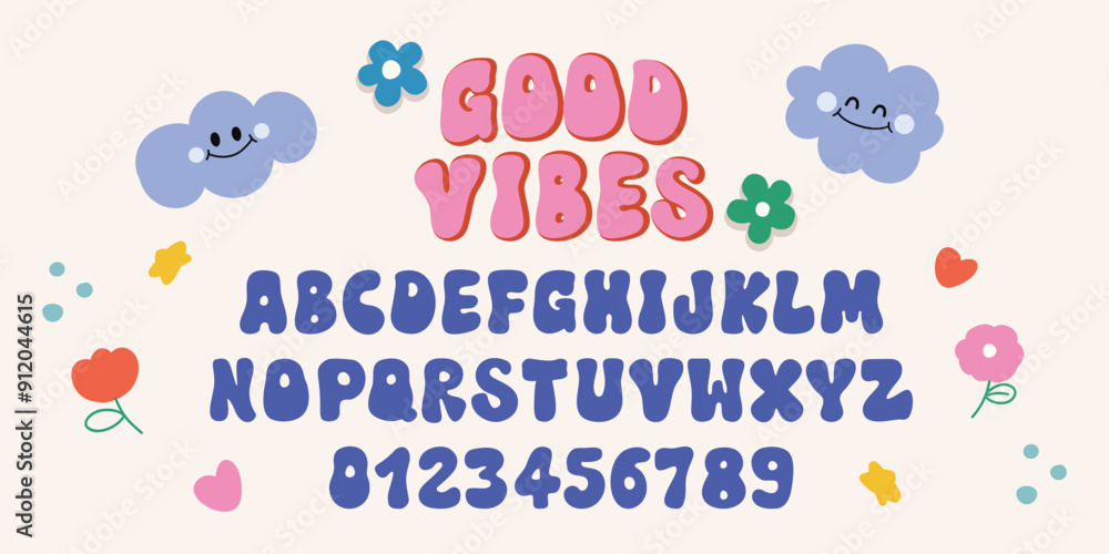 Cute hand drawn letters and numbers vector set. Groovy funky style ...