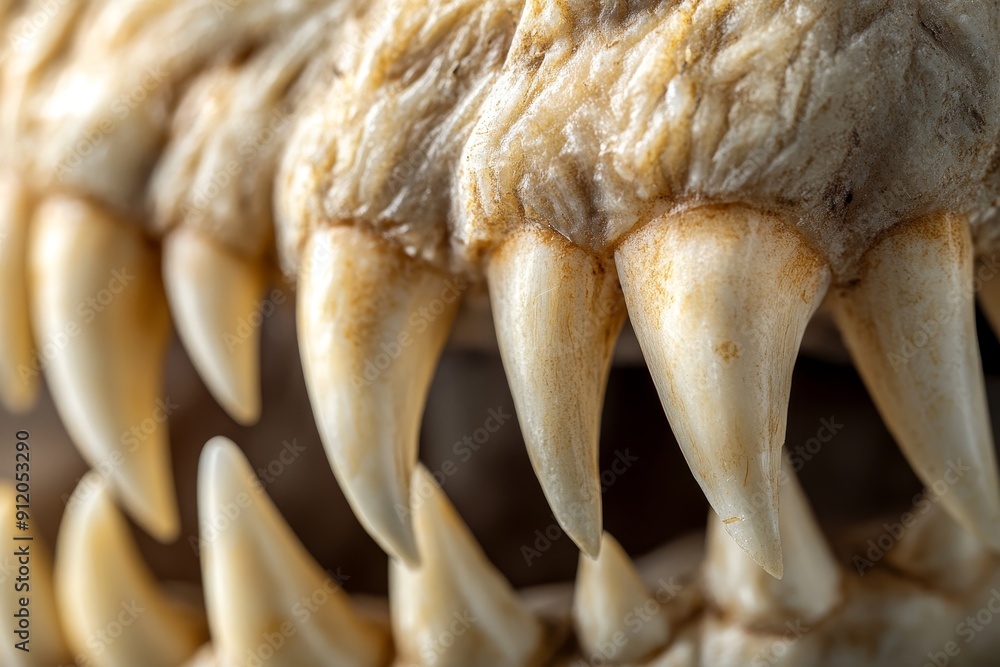 Detailed view of dire wolf teeth, with focus on sharp canines and ...