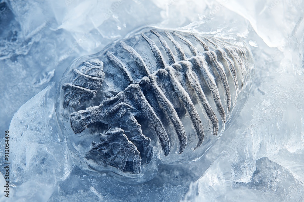 Macro shot of trilobite fossil in ice, highlighting ancient exoskeleton ...