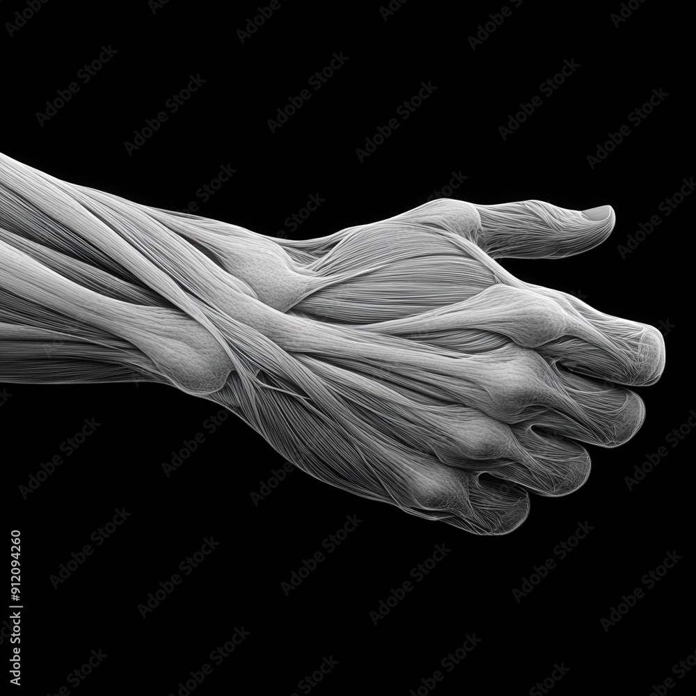 Detailed anatomical illustration of a human hand showcasing muscles and ...