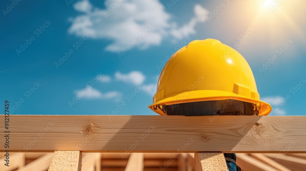 Bright Yellow Construction Hard Hat on Wooden Beam Under Sunny Sky ...