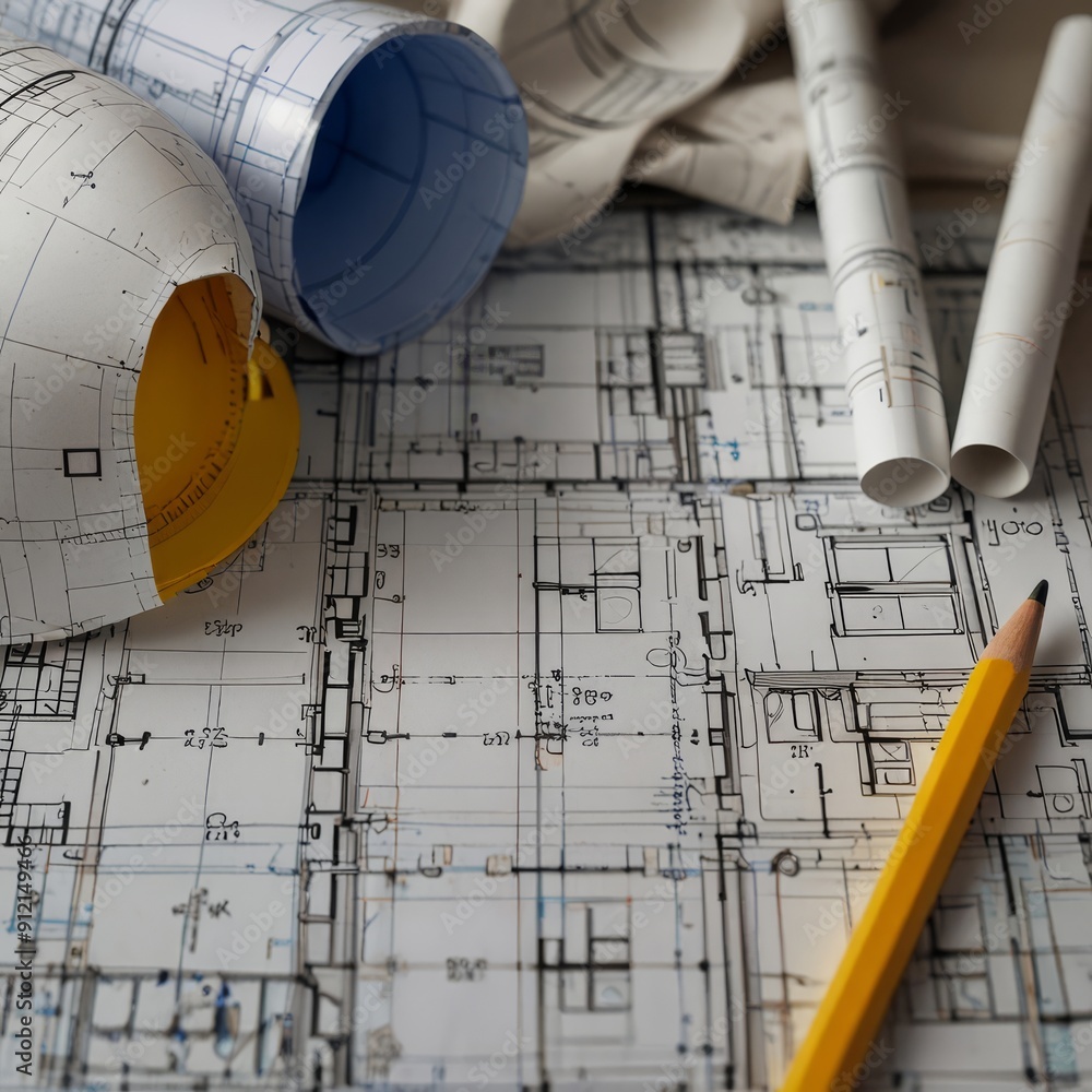 Blueprint floor plan architectural project on the table with yellow ...