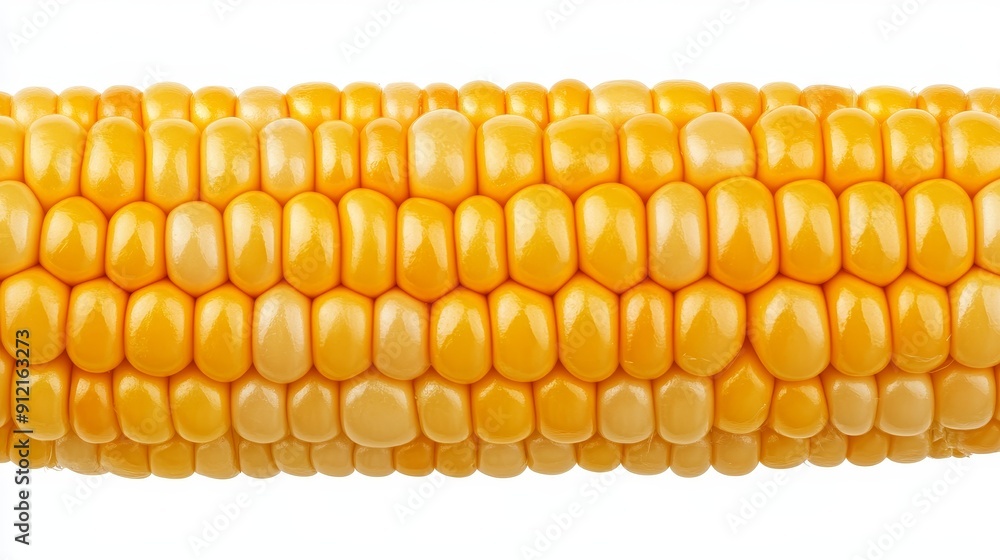 Fresh corn on the cob halved, displaying neat rows of golden kernels ...