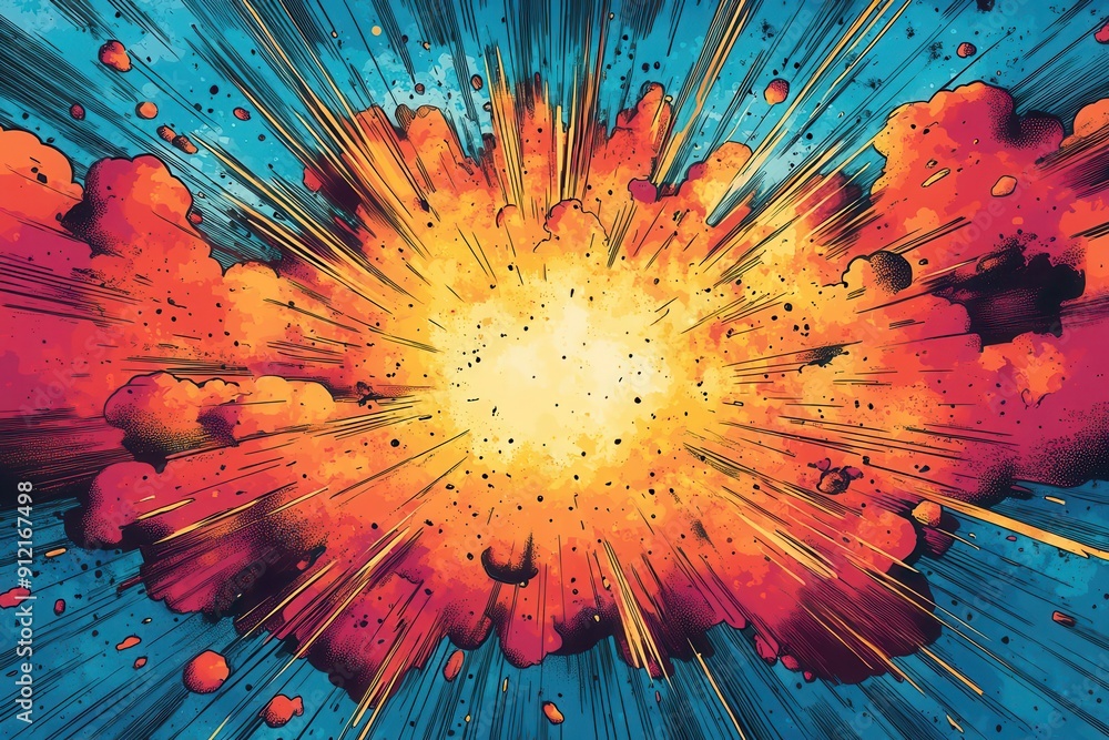 colorful comic book explosion dynamic action lines vibrant onomatopoeia text dramatic lighting ...