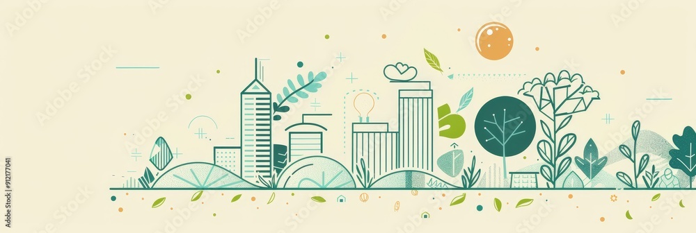 Sustainable City Skyline with Lush Greenery - A minimalist illustration ...
