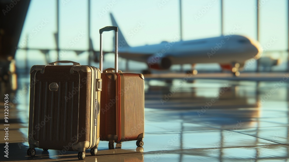 An airplane in the background and two suitcases at an airport terminal ...
