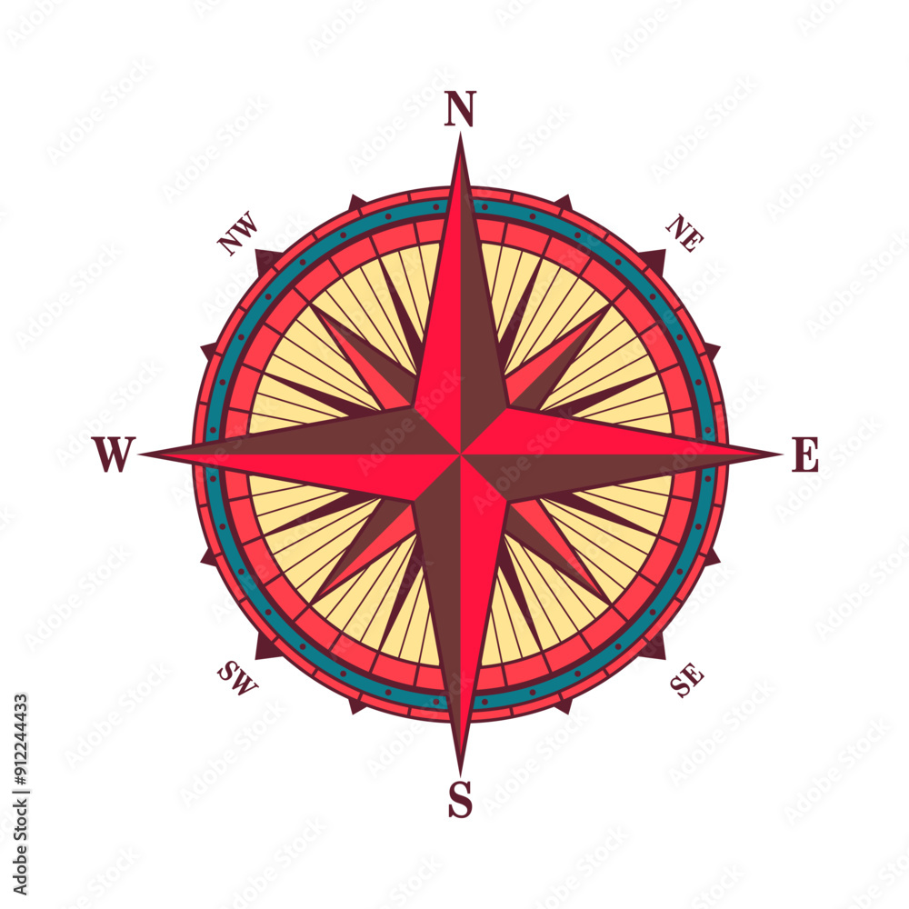Vintage marine wind rose, nautical chart. Colorful navigational compass ...