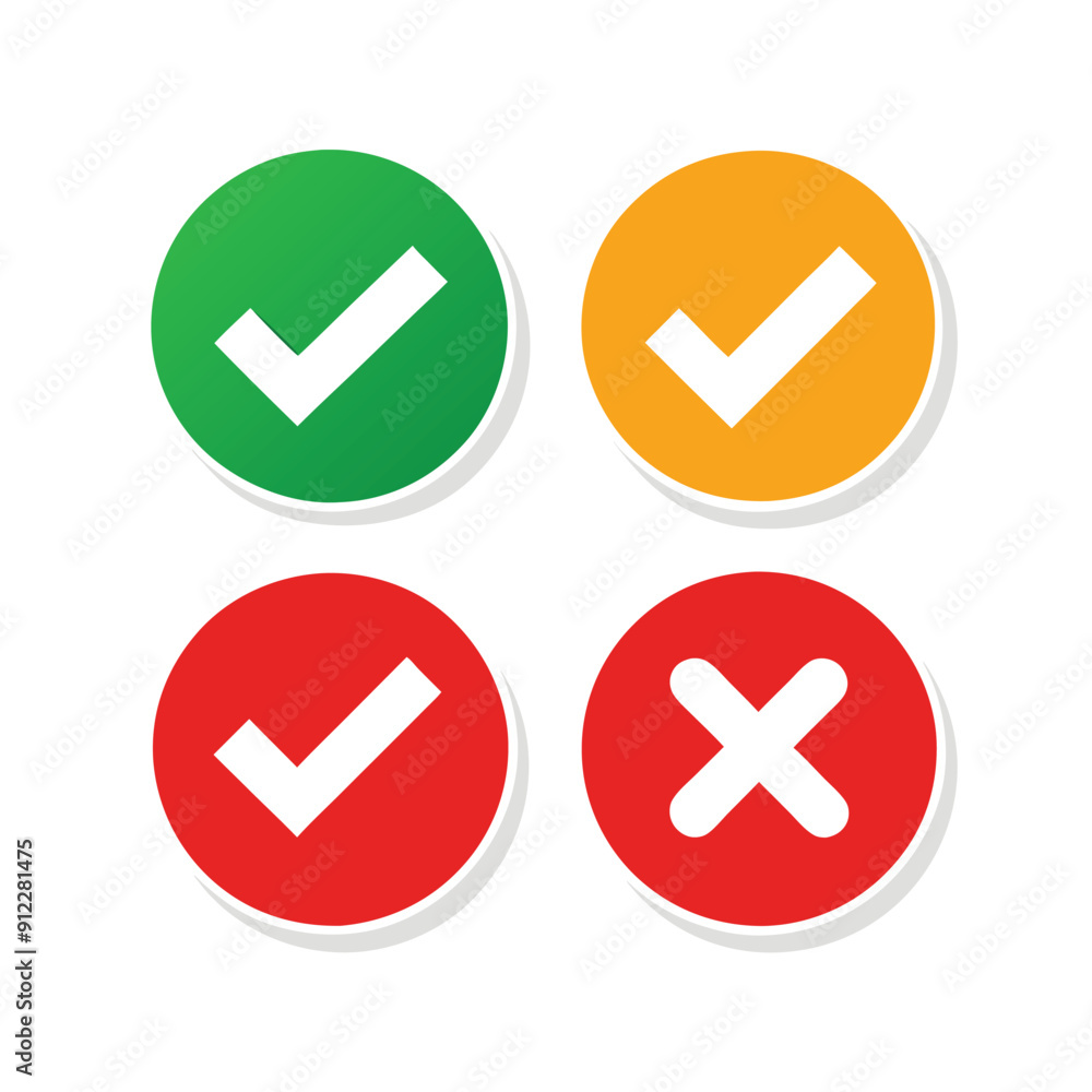 Check box icon with right and wrong buttons and yes or no checkmark icons in green tick box and ...