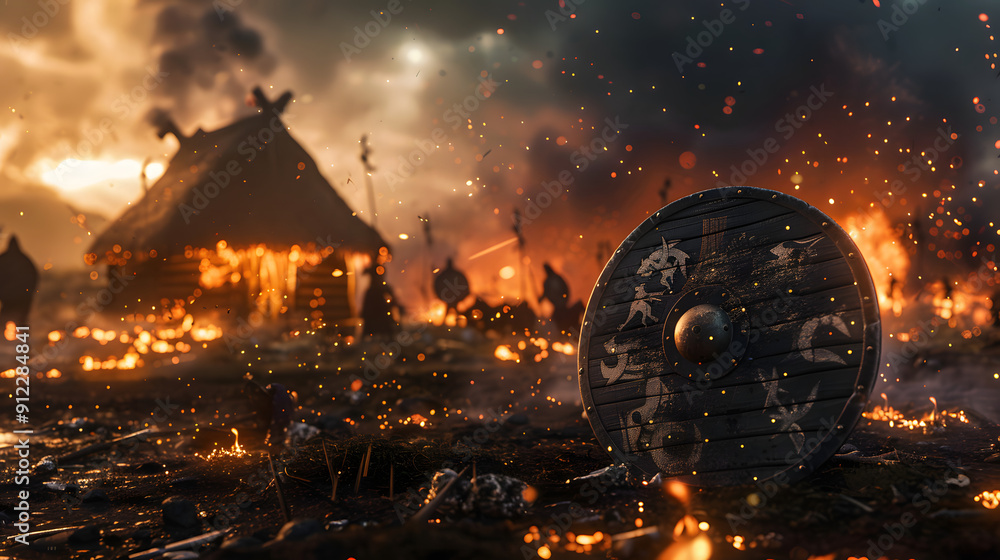 Viking shield and burning village. Fiery embers swirl amidst ...