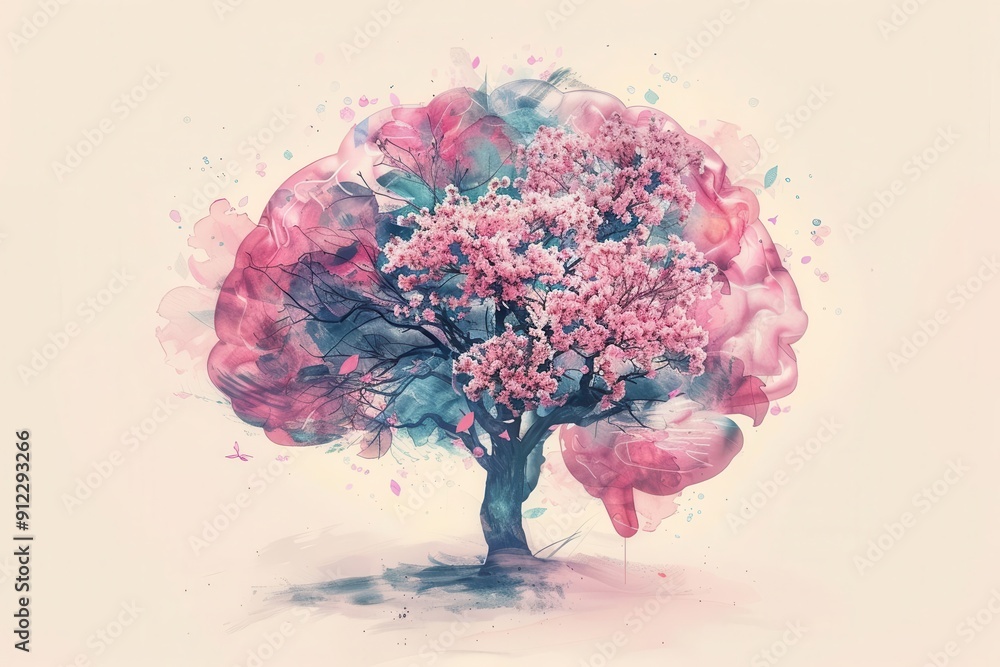 surreal illustration of human brain merged with blooming tree pastel ...