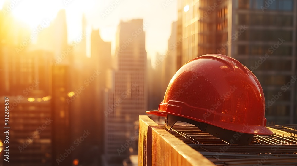 Construction Helmet, red hard hat, on a metal beam, blurred skyscrapers ...