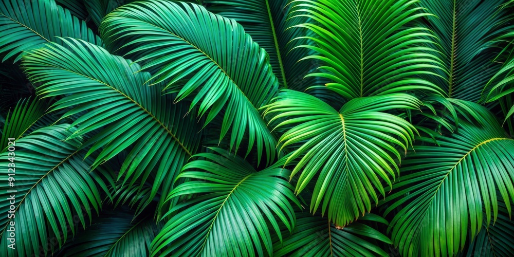 Vibrant palm tree leaves display a rich, deep green color with ...