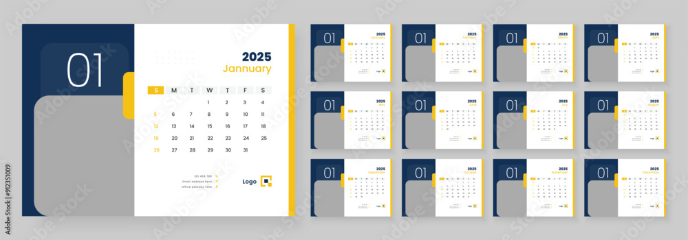 Desk calendar template 2025, new year 2025 table calendar, week starts ...
