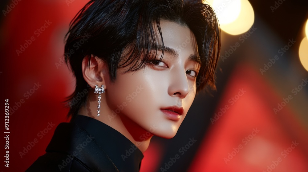 Stylish K-pop idol male with diamond earrings and a brown skin tone ...