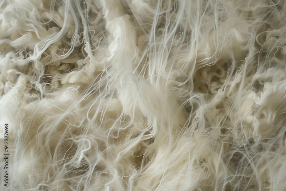Fluffy white wool fibers are creating a soft and delicate texture ...