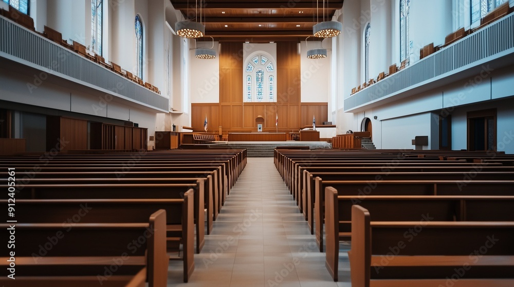 The interior of a modern synagogue. An empty room, a hall. The Jewish ...