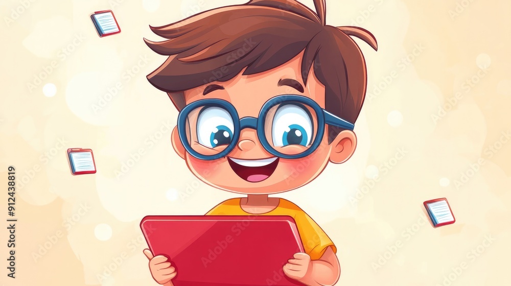 Excited cartoon kid using a tablet for studying, feeling tech-savvy and ...