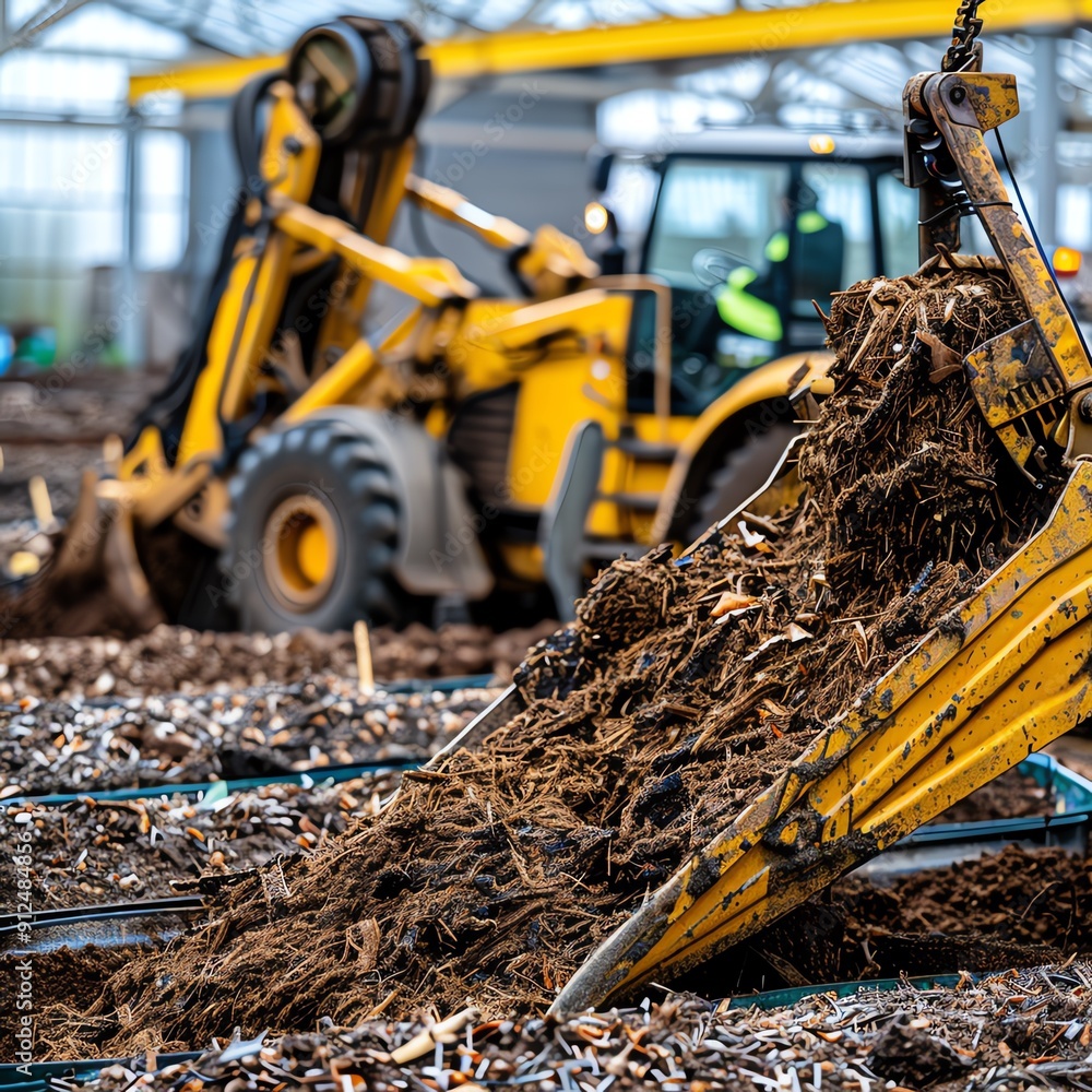 Loader moving mulch at a gardening center, landscaping supplies ...