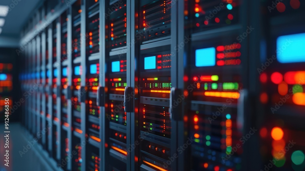 High-tech data processing center with glowing servers, sleek and modern ...