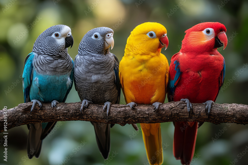 Four birds--African Grey Parrot, Budgerigar, Cockatoo, and Lovebird ...