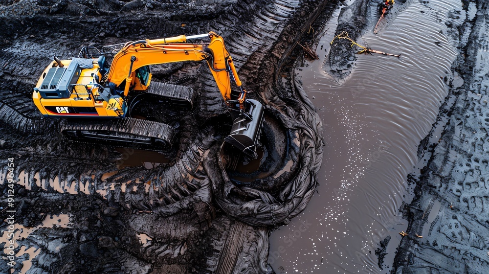 Excavator dredging a riverbed, environmental restoration project Robust ... Excavator dredging a riverbed, environmental restoration project Robust ...