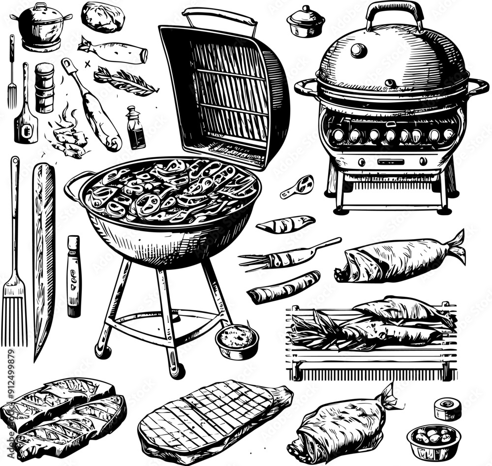 Hand drawn vintage barbecue. Charcoal and gas grills, grilled meats ...