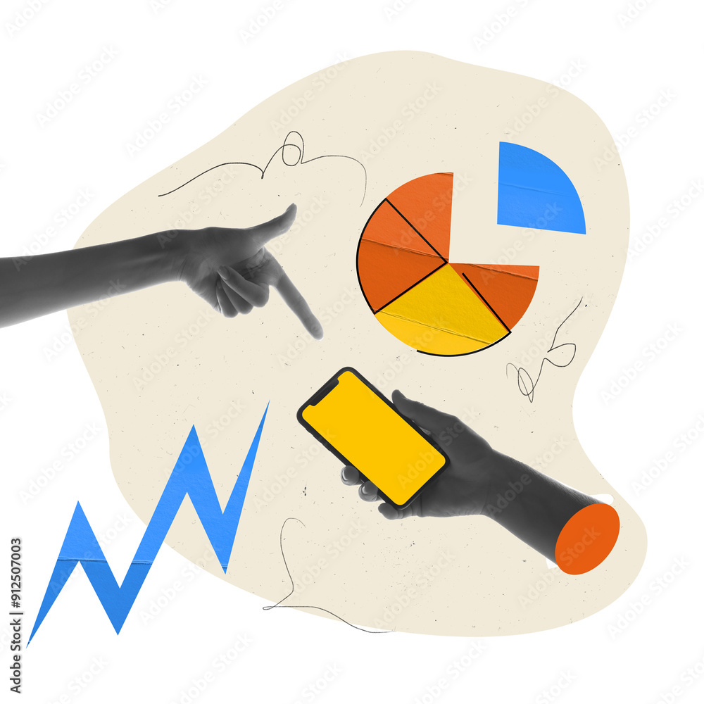 Human hands interacting with mobile phone and multicolored pie chart ...
