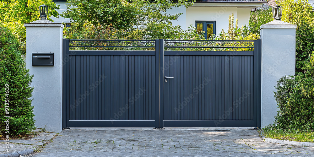 High dark grey home door aluminum gate gray slats portal garden of ...