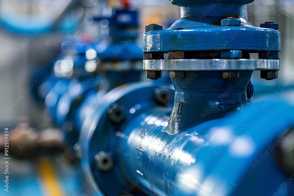 Industrial pipeline system featuring a large blue pipe and valves ...