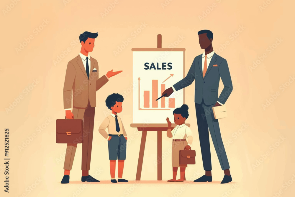 illustration of two businessmen showing sales charts to their two ...