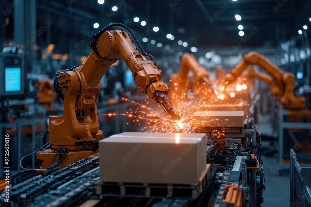 Multiple robotic arms on an assembly line perform welding tasks ...