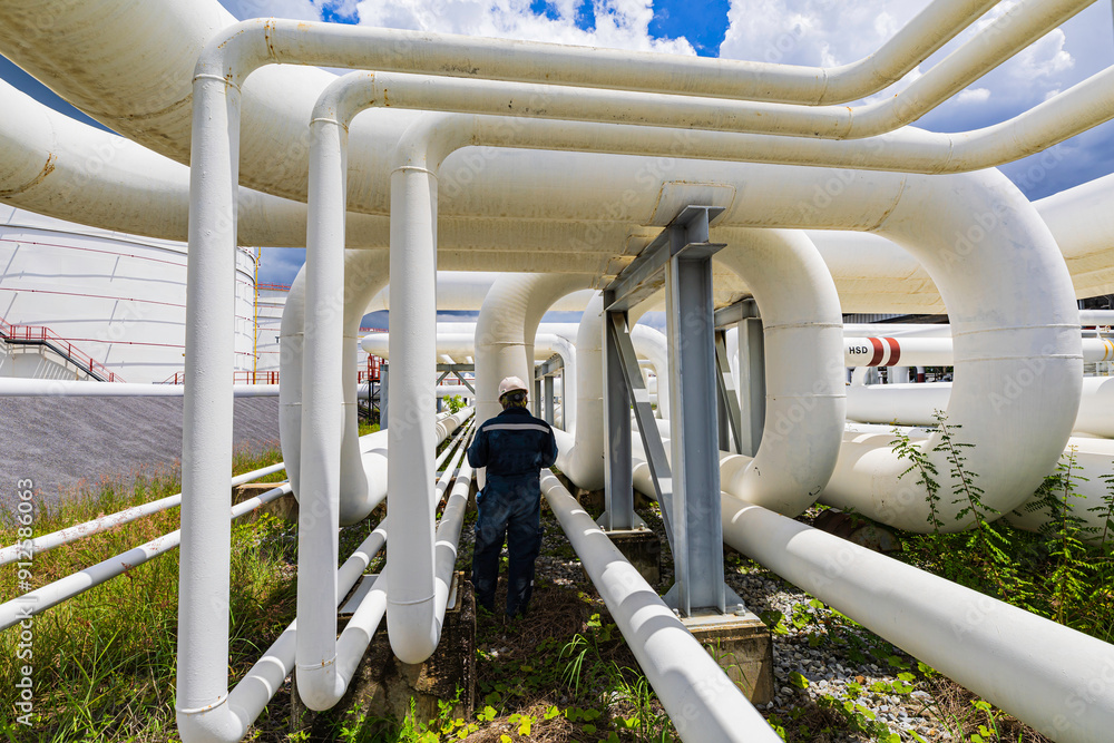 Male worker inspection ultrasonic thickness at steel long pipes and ...